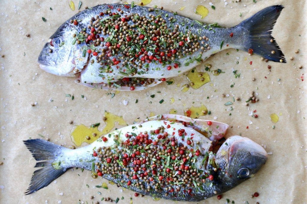 Mina's Napoli sea bream with pink peppercorns, coriander seeds and ...